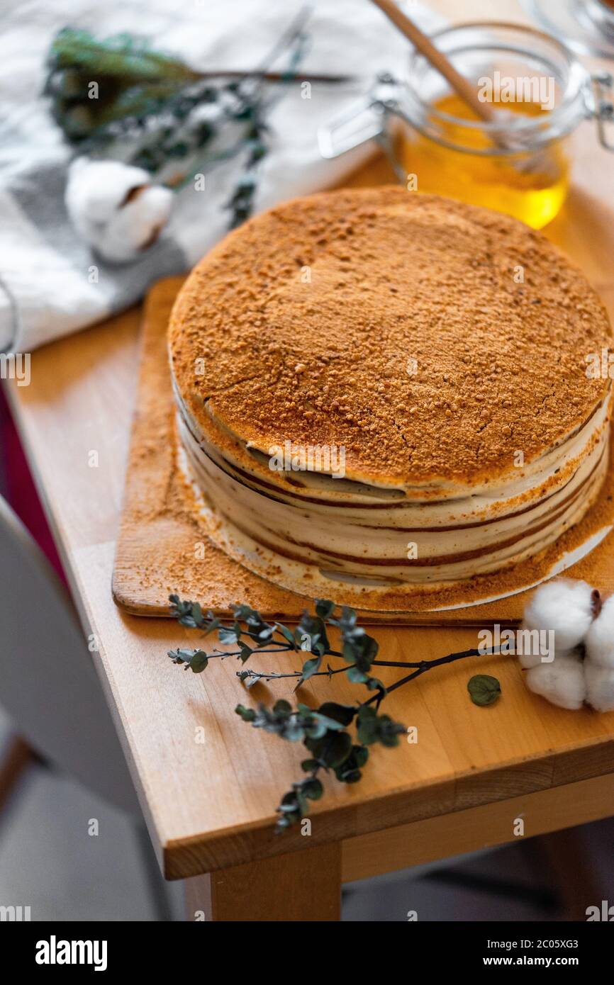 Homemade Honey Cake on Wooden Rustic Table, Russian Traditional Cuisine ...