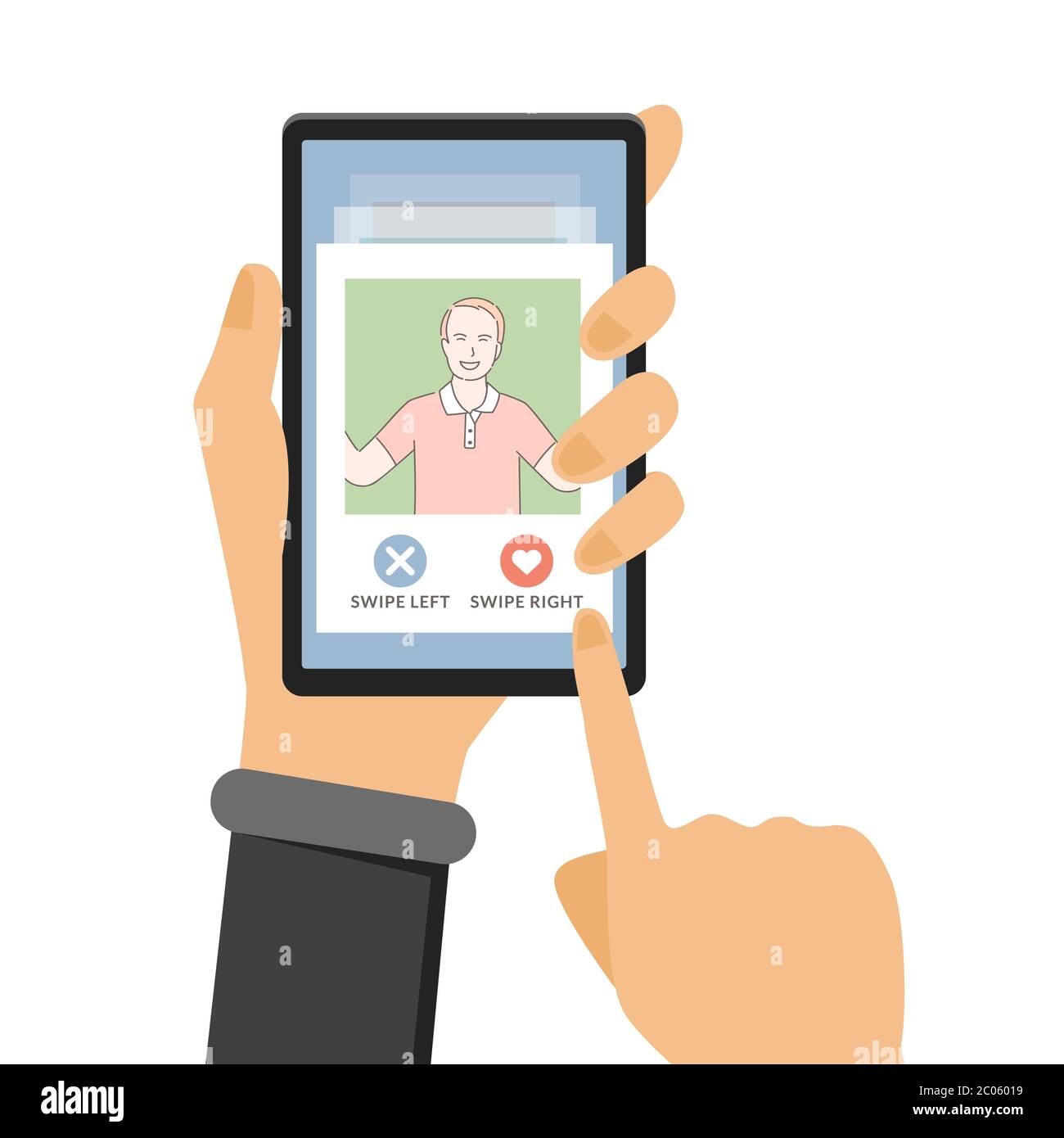Hand holding smartphone with dating application. Young happy man profile with swipe left or ...