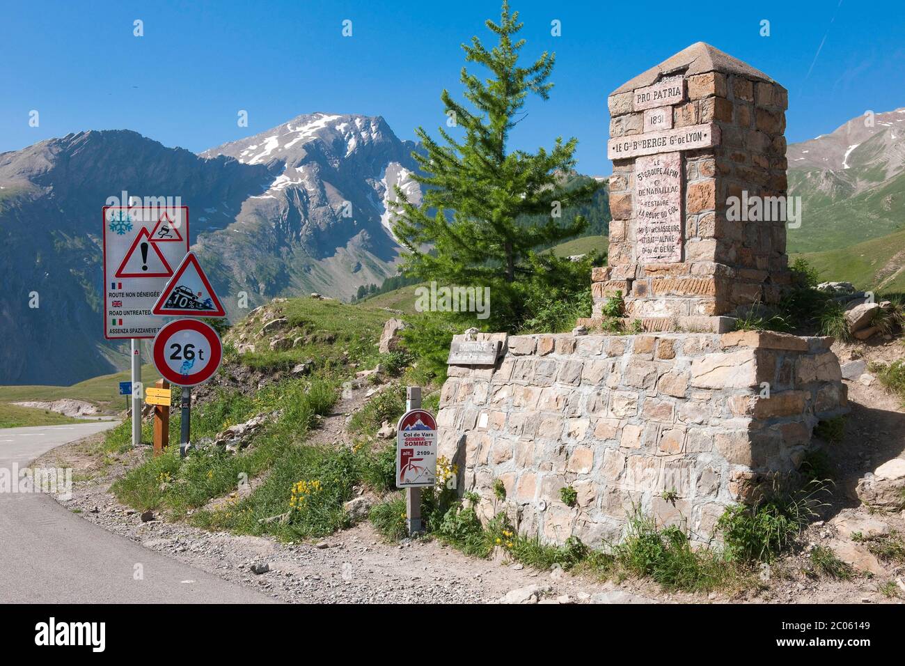 Pass stamp, memorial stone, road signs, Col de Vars, Provence-Alpes ...