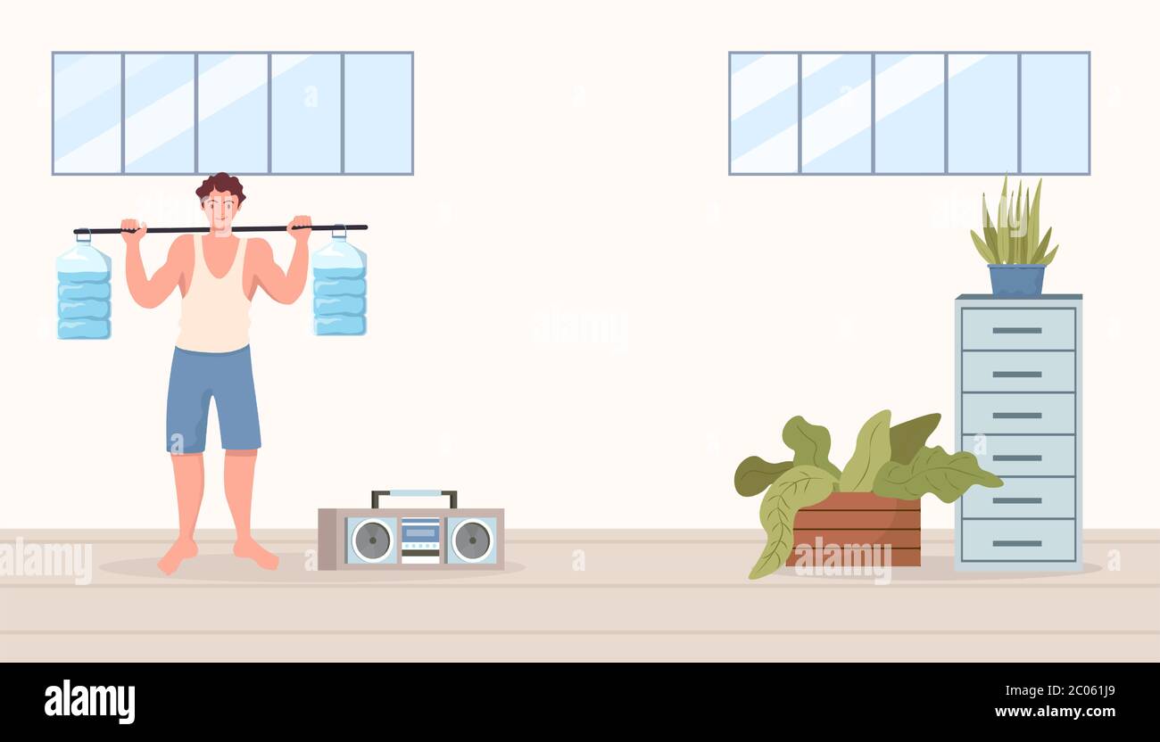 Young smiling athlete in sports clothes doing morning workout at home ...