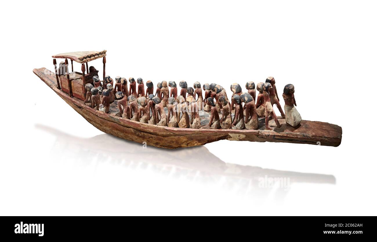 Ancient Egyptian model of a funerary boat with oarsman and a sarcopagus ...