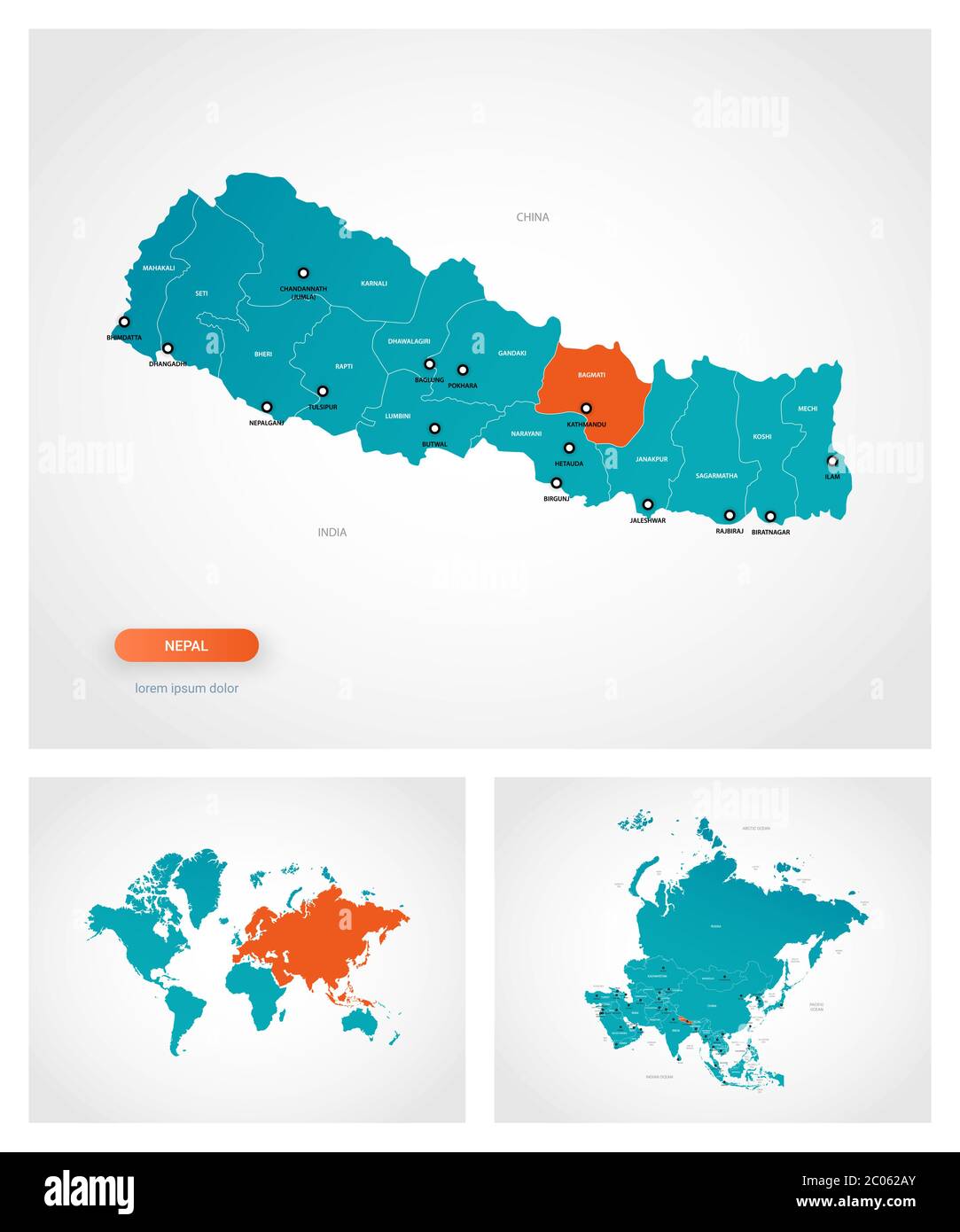 Editable template of map of Nepal with marks. Nepal on world map and on ...