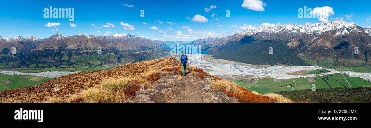 Panoramic view, hiker on the summit of Mount Alfred, view of Lake ...