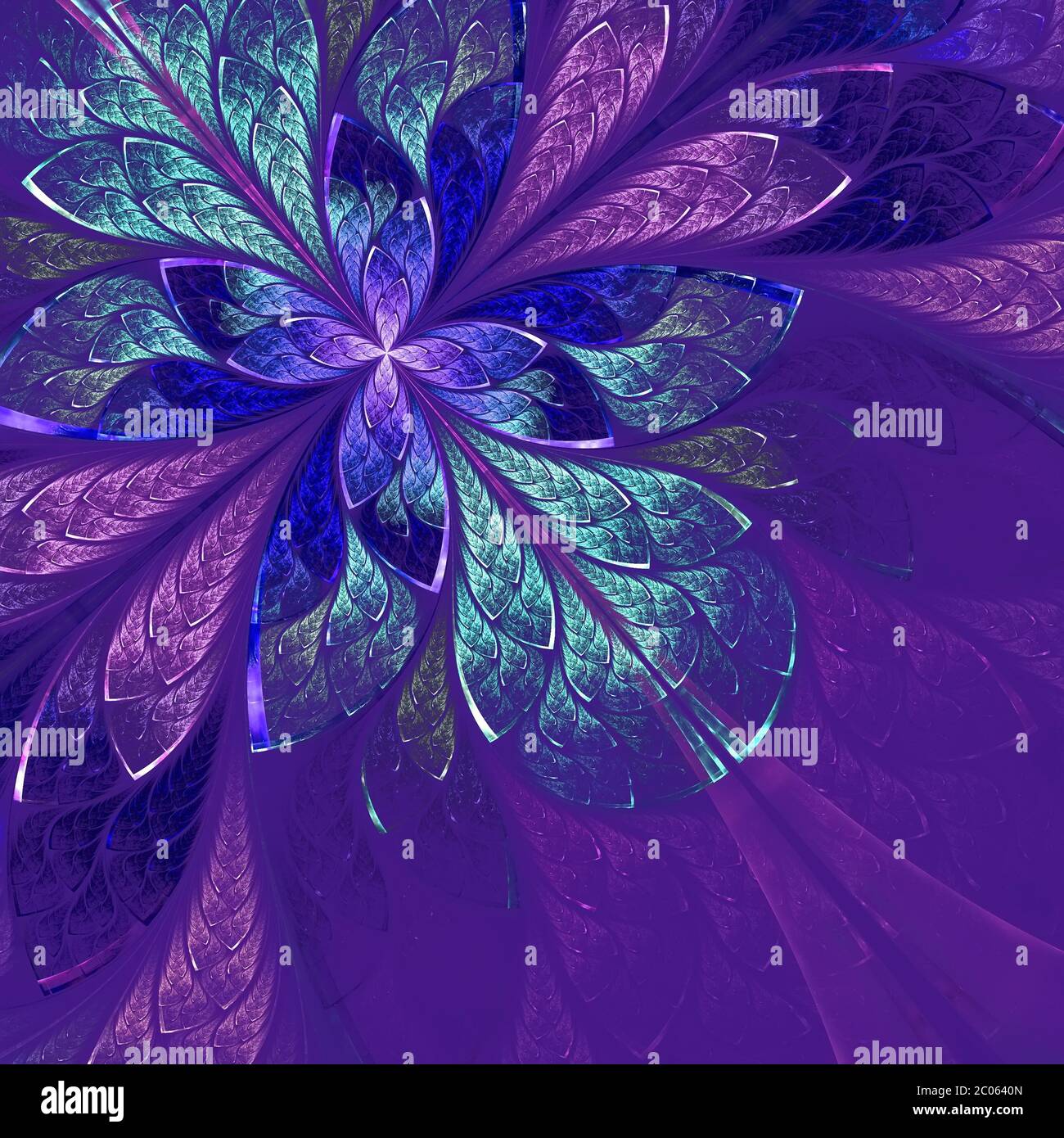 Beautiful fractal flower in blue, violet and green. Computer generated ...