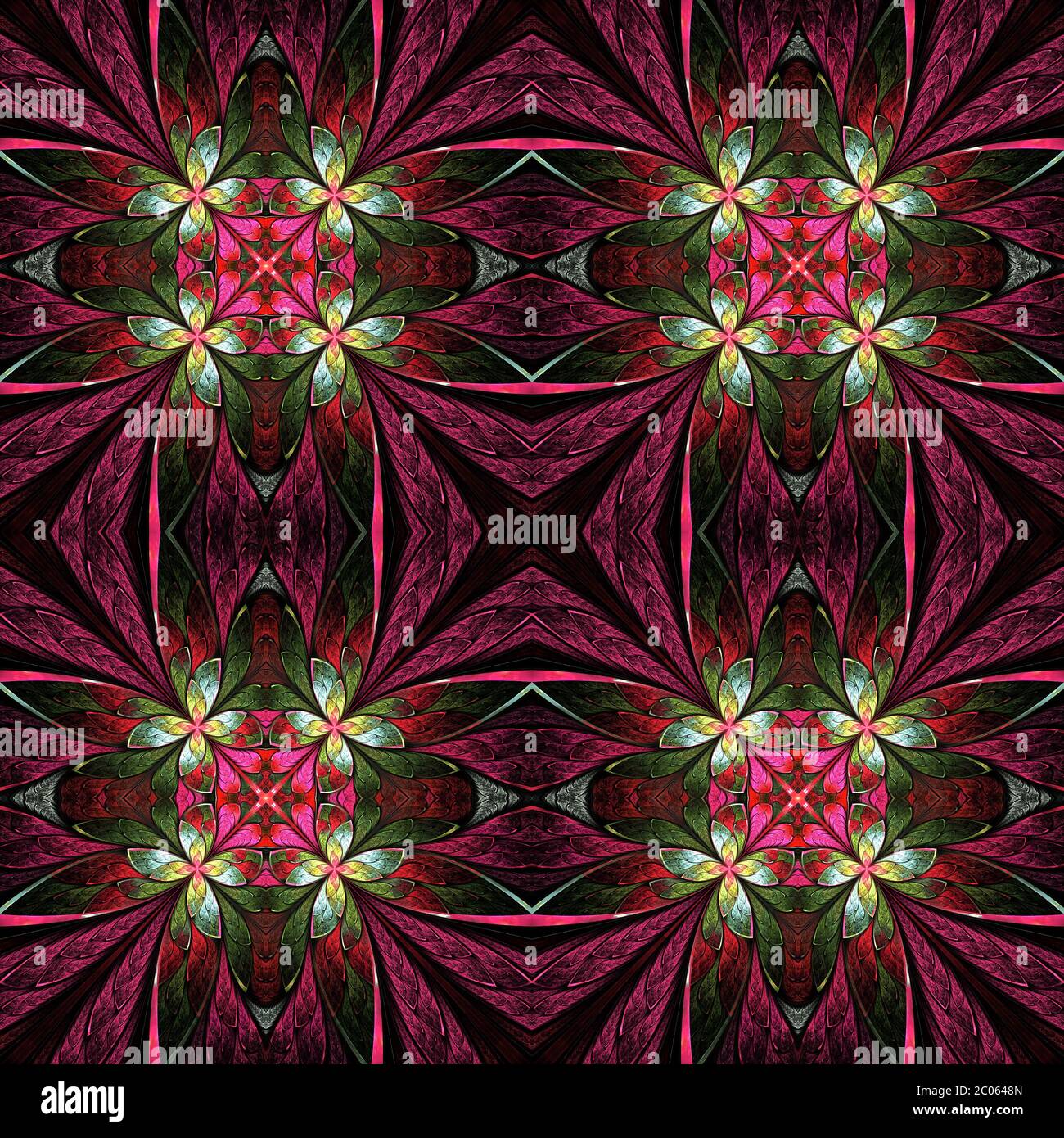 Symmetrical flower pattern in stained-glass window style. Green, yellow ...