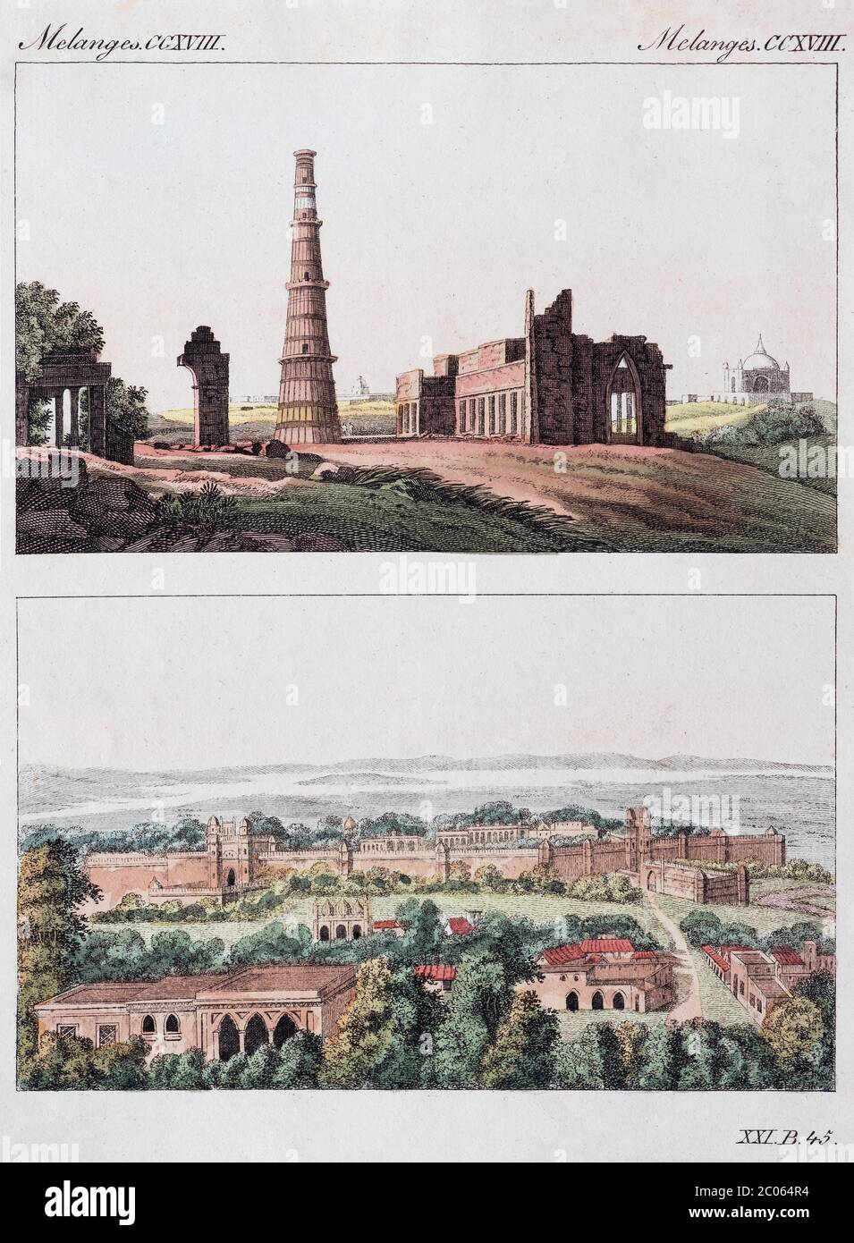 Qutab Minar and Red Fort, Delhi, India, hand-coloured copperplate ...
