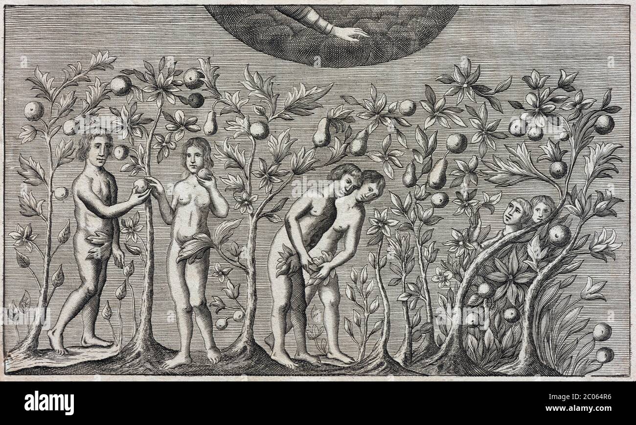 Adam and Eve, Fall of Man, Expulsion from Paradise, copperplate engraving by Tobias Sadeler, c ...