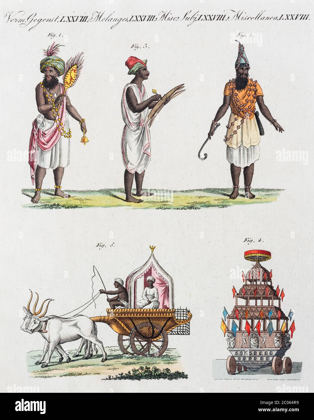 Indian traditional costumes and vehicles, hand-coloured copperplate ...