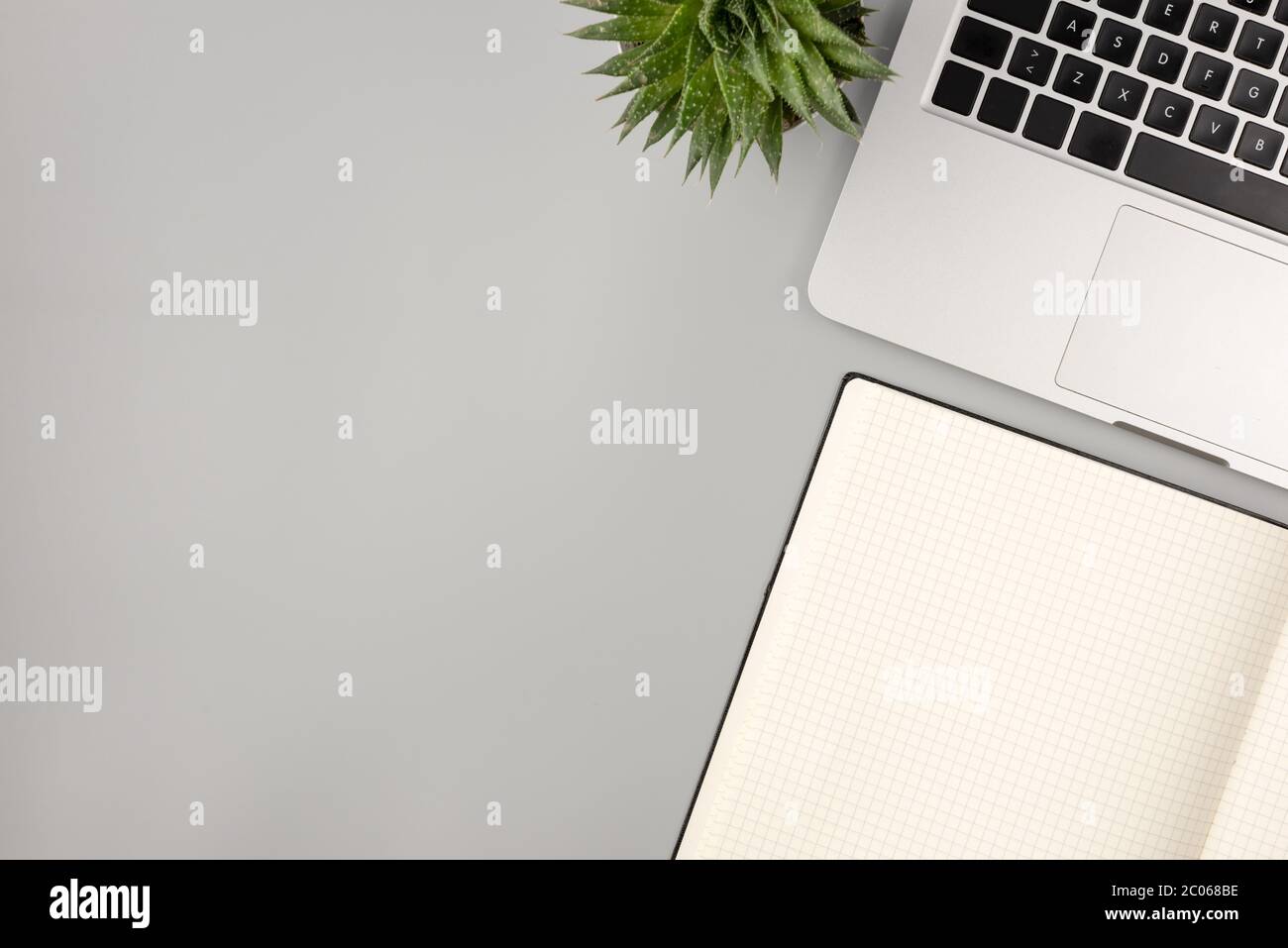 Work office desk table with laptop, notepad, and home plant. Top view ...