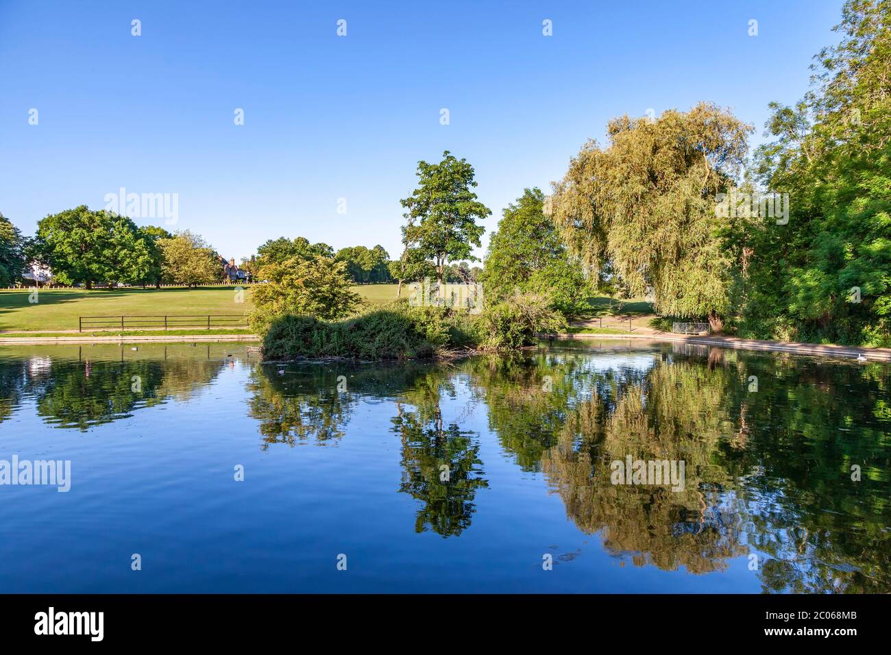 The bottom lake with the trees reflecting in the still water, Abington ...