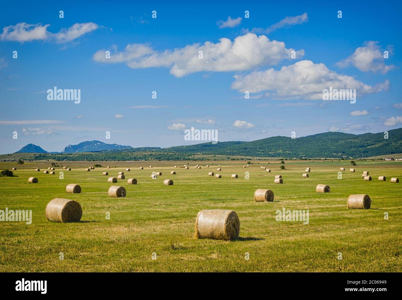 Rolls of hay near Josan, Lika-Senj County, Croatia. Agricultural scene ...