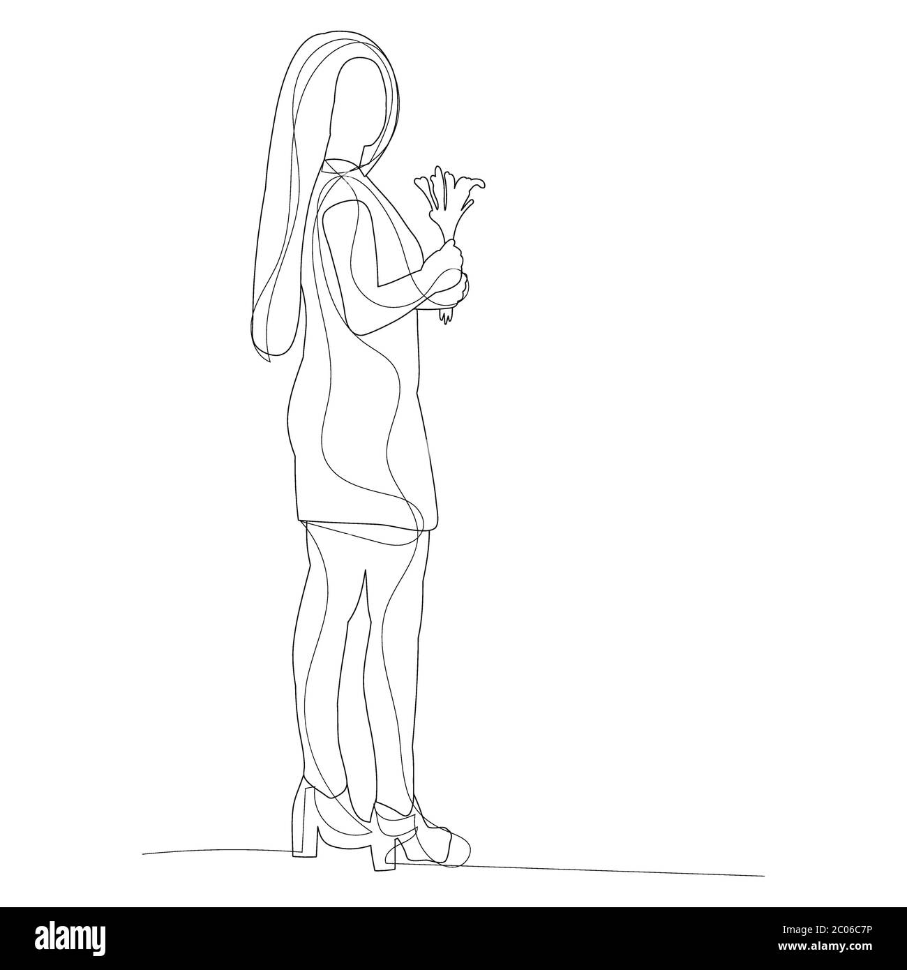vector, on a white background, line drawing of a girl with flowers ...