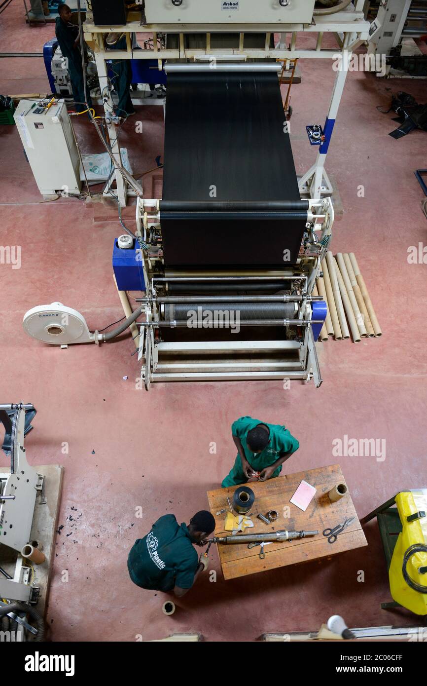 RWANDA, Kigali, plastic recycling at company Ecoplastics, machine Kabra ...