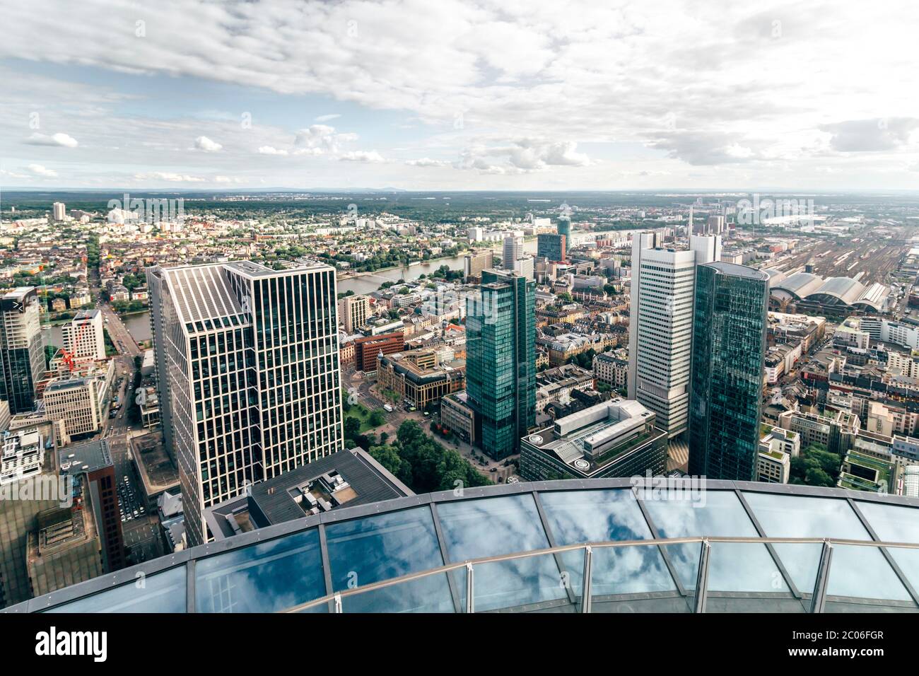 Aerial view of modern skyscrapers of Frankfurt city center from the ...