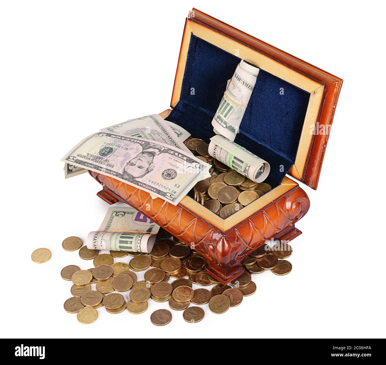 Coins and banknotes in the box Stock Photo - Alamy