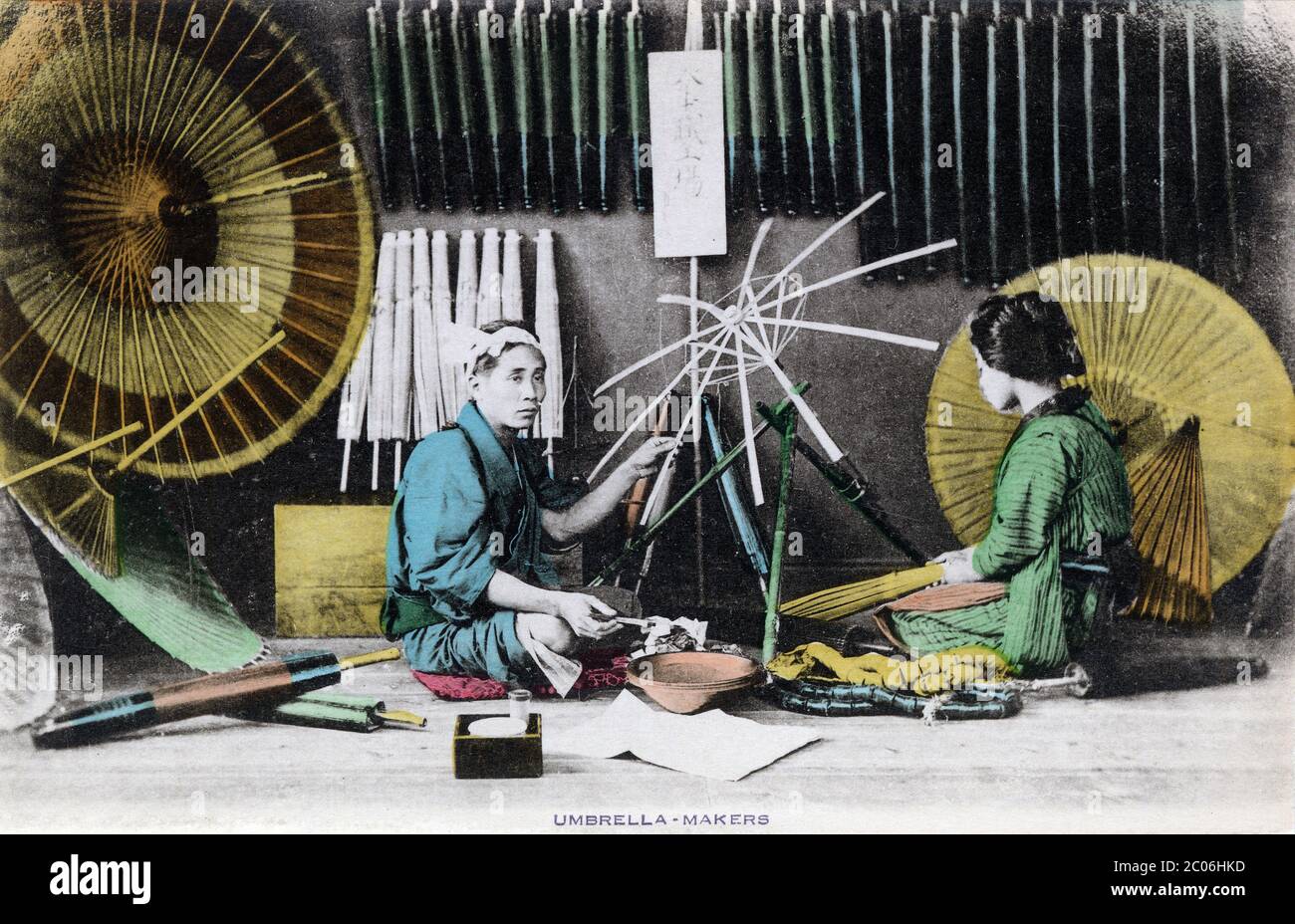 [ 1900s Japan - Japanese Parasol Maker ] — A parasol maker works with ...