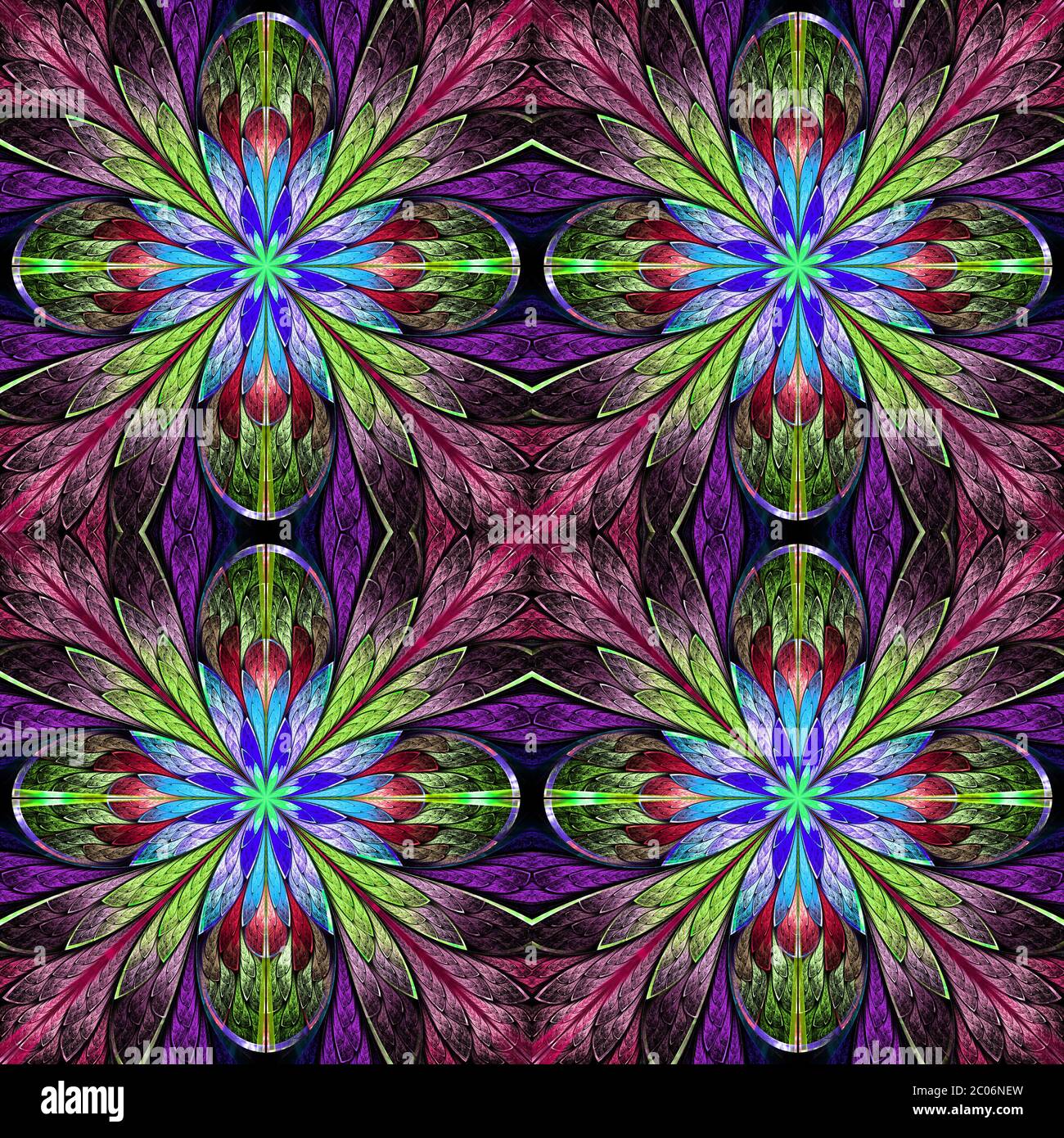 Multicolored symmetrical pattern in stained-glass window style ...