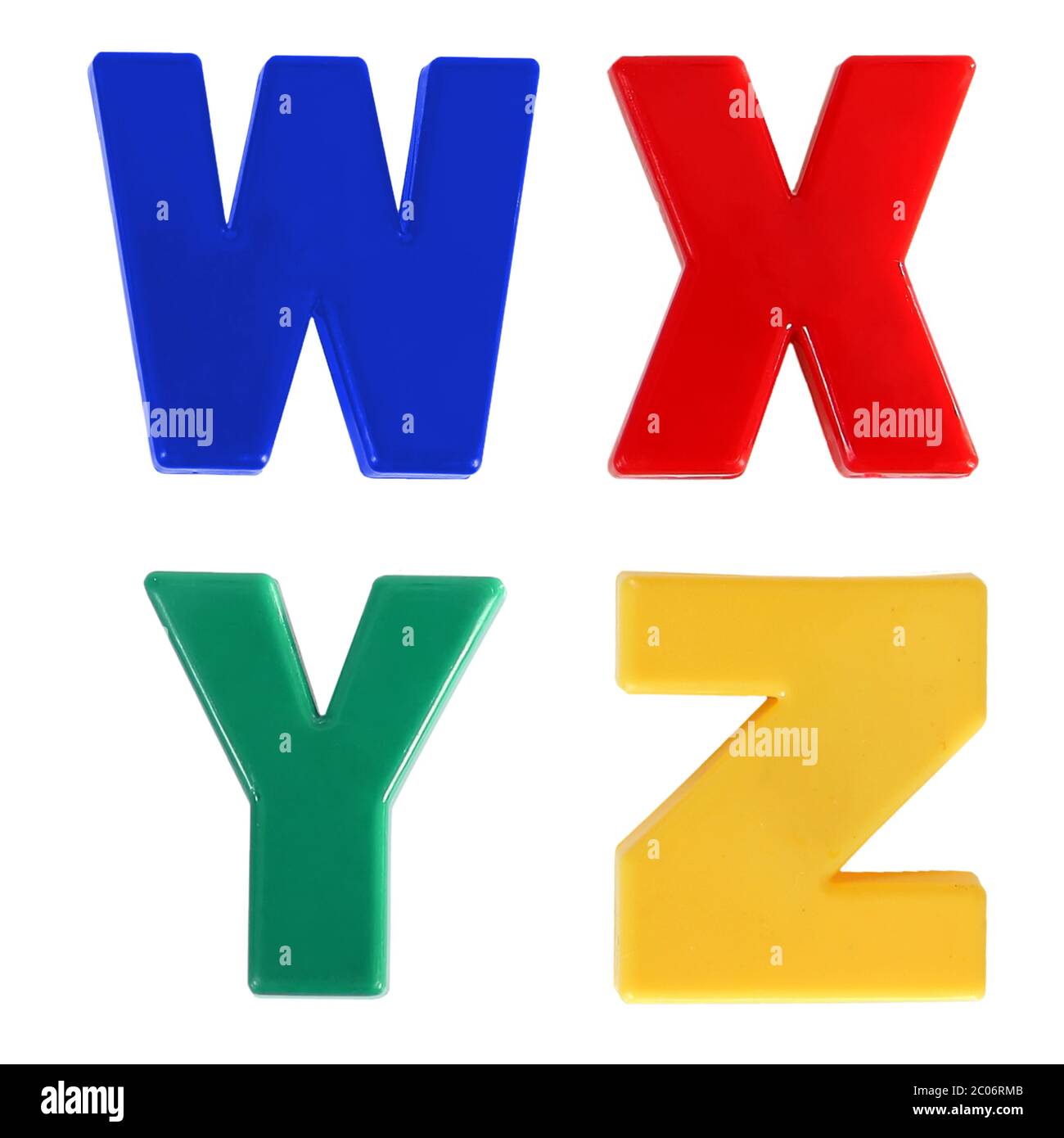 Four letters written in multicolored plastic kids letters Stock Photo ...
