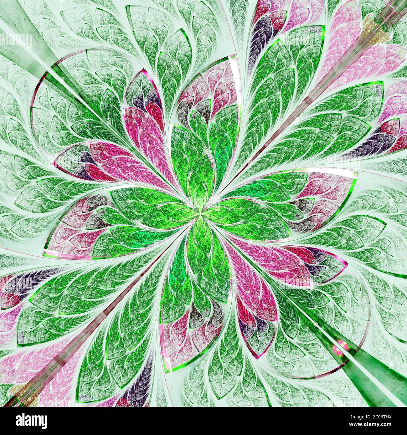 Symmetrical flower pattern in stained-glass window style. Green and ...