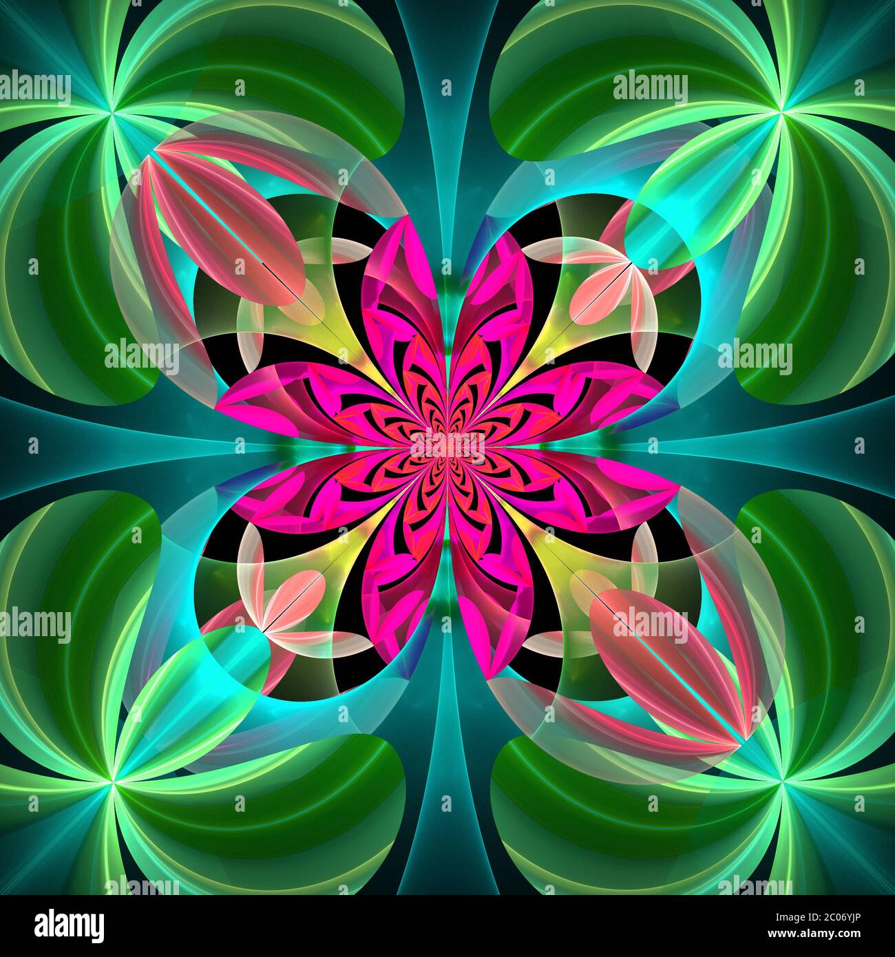 Symmetrical pattern of the flower petals. Green and purple palette. On ...