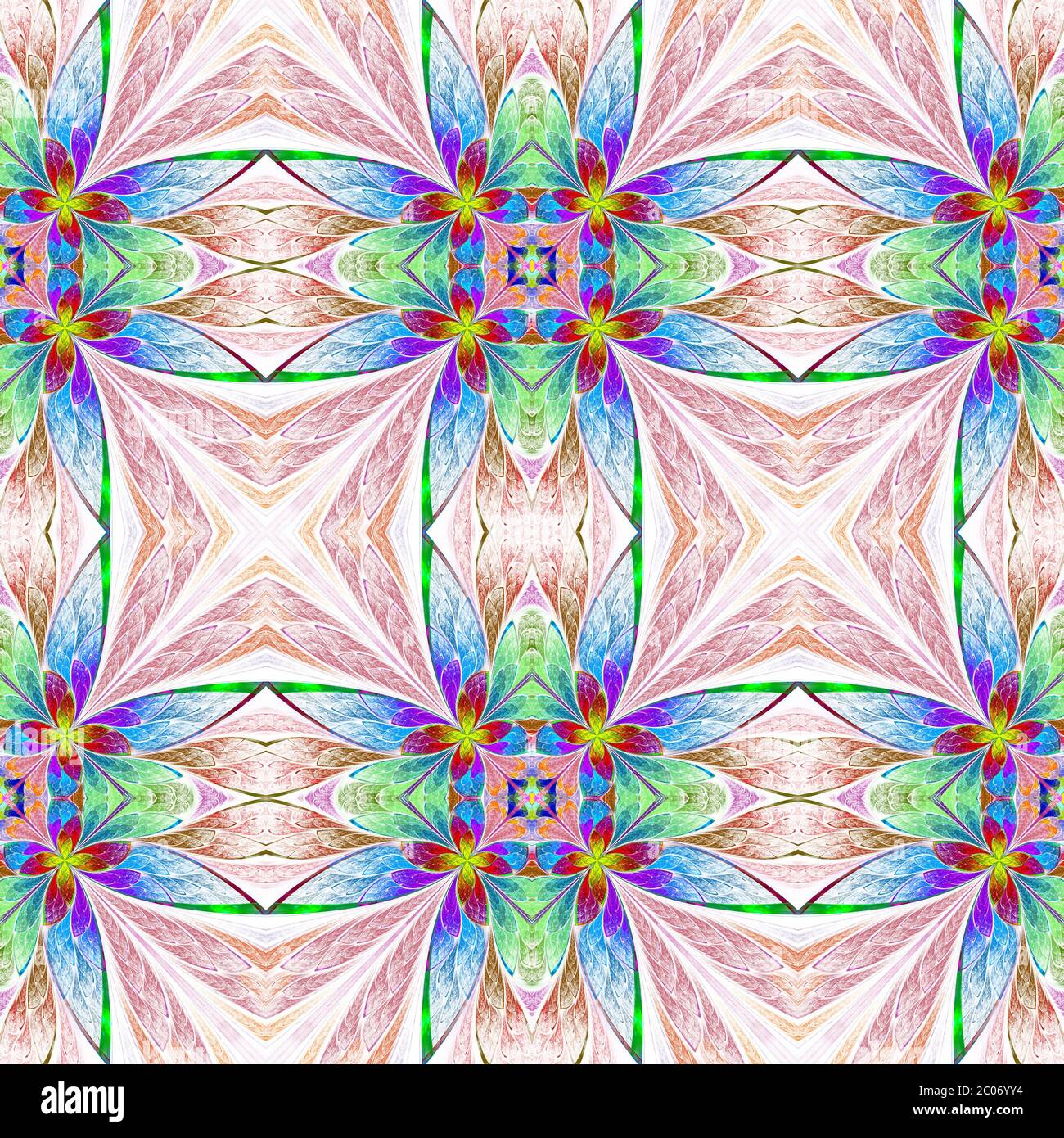 Symmetrical multicolored flower pattern in stained-glass window style ...