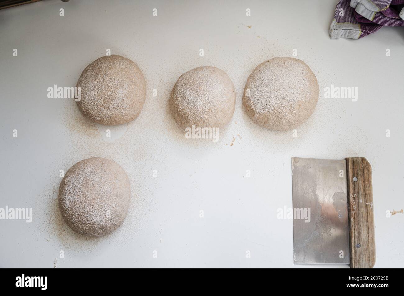 Top view of four raw sourdough bread buns dusted with spelt flour ...