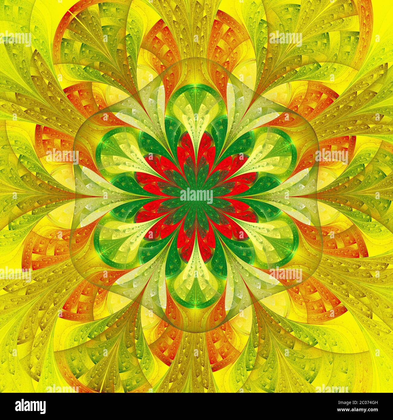 Symmetrical pattern in stained-glass window style. Green, red and ...
