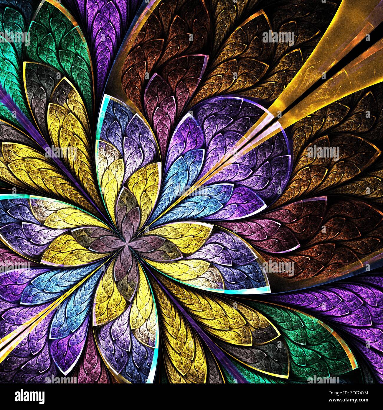 Symmetrical flower pattern in stained-glass window style. Blue, green ...