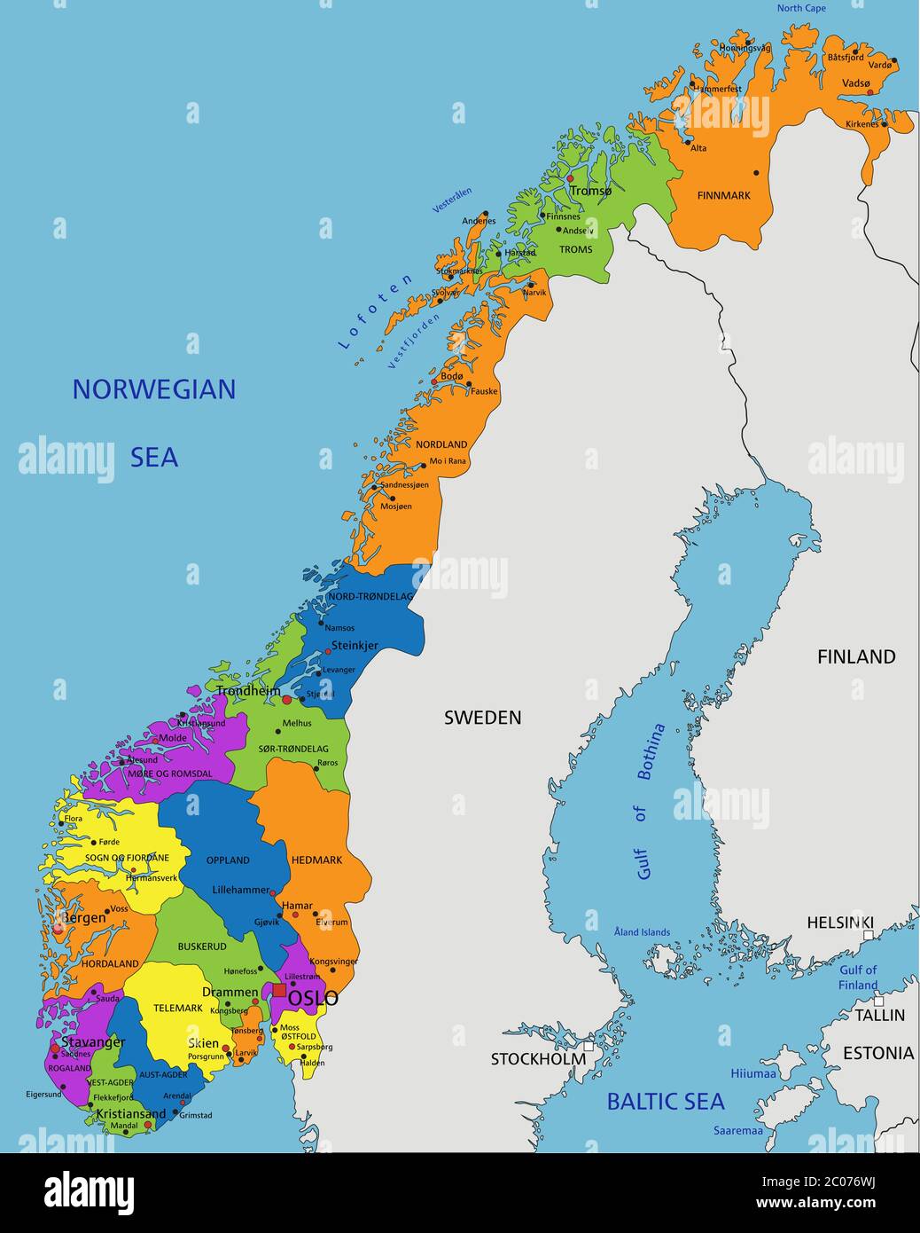 Colorful Norway political map with clearly labeled, separated layers ...