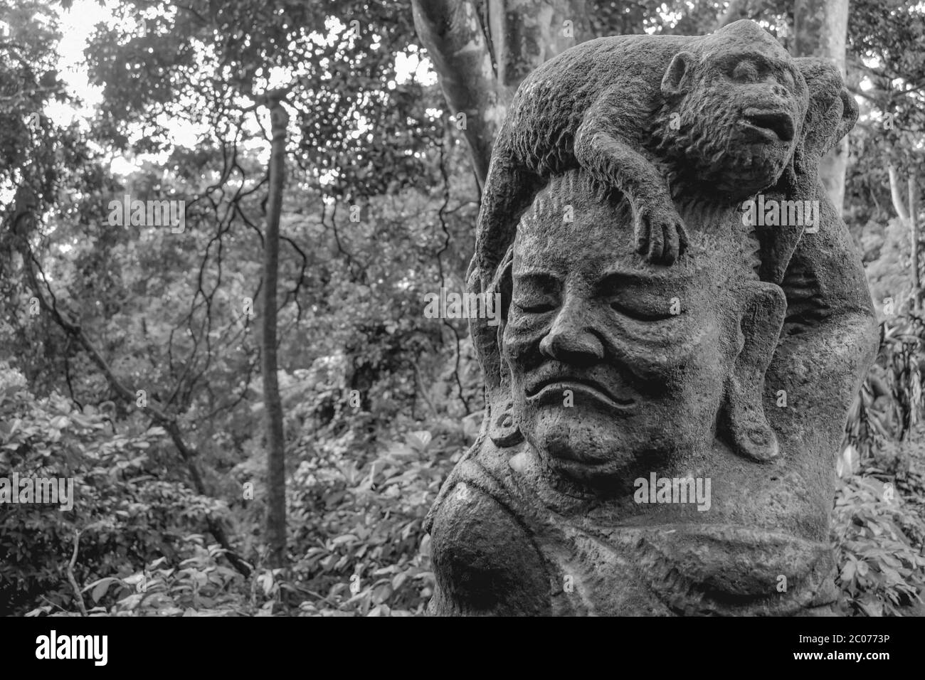 Statue of a monkey sitting at an old woman's head in the sacret monkey ...