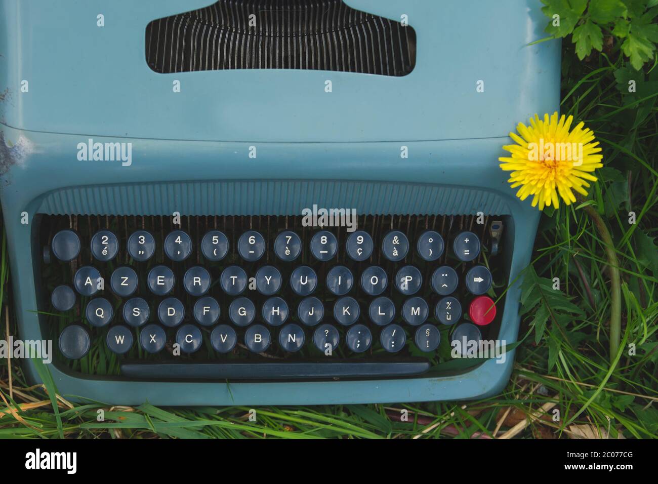 Old blue typewriter on the green grass Stock Photo - Alamy