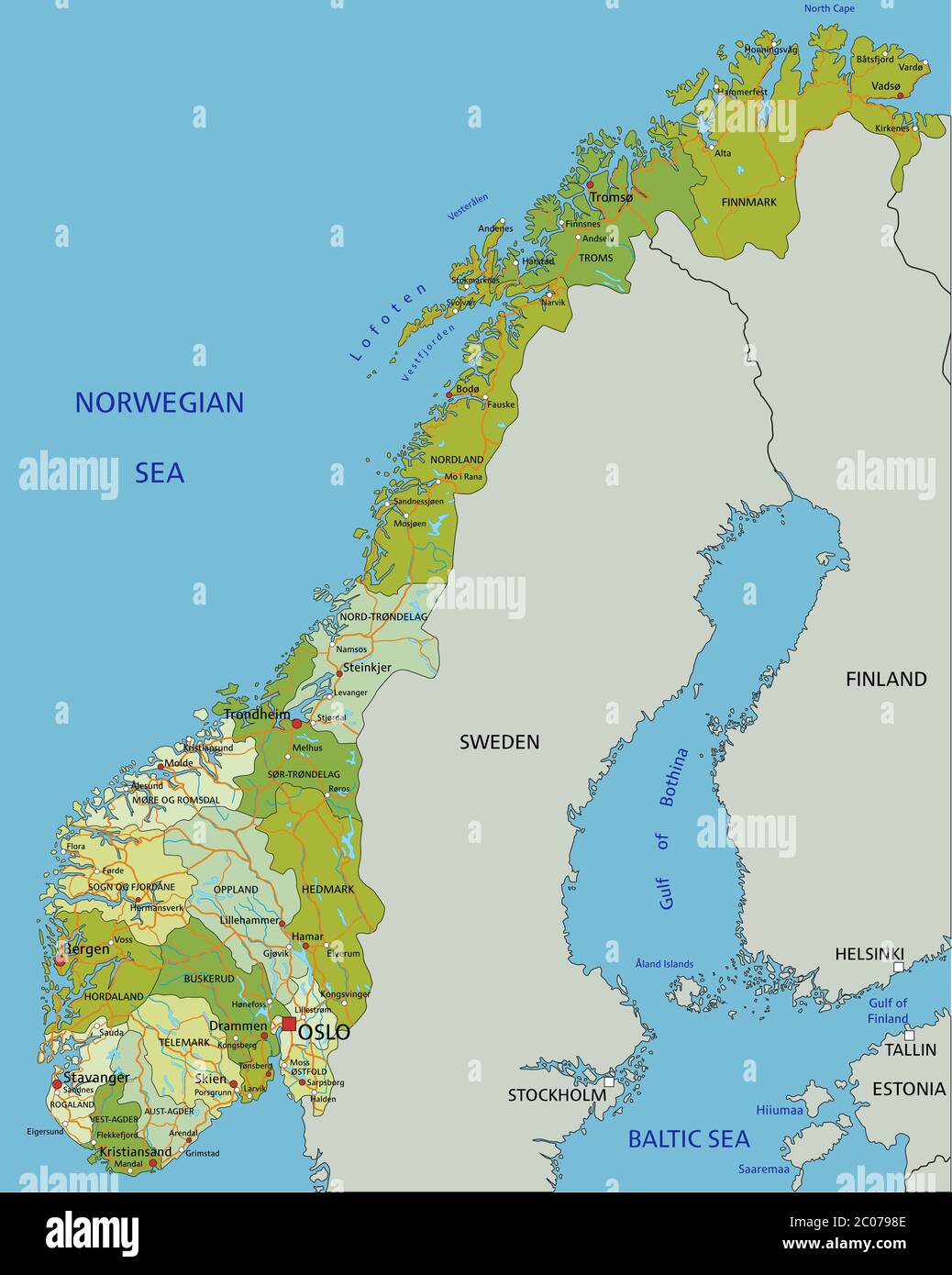 Highly detailed editable political map with separated layers. Norway ...