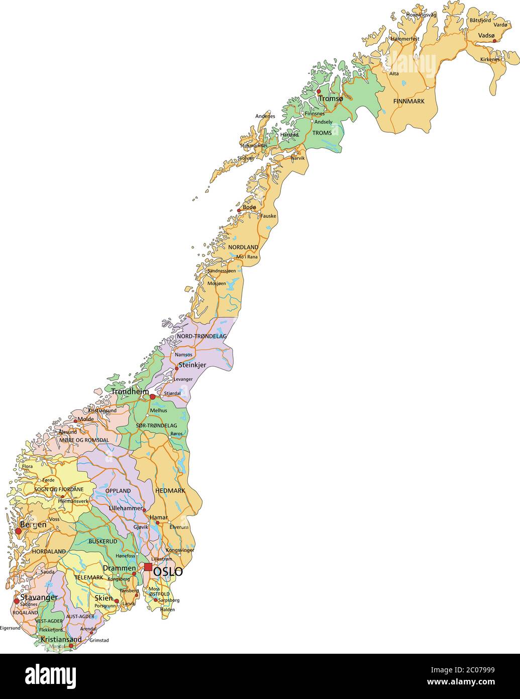 Norway - Highly detailed editable political map with labeling Stock ...
