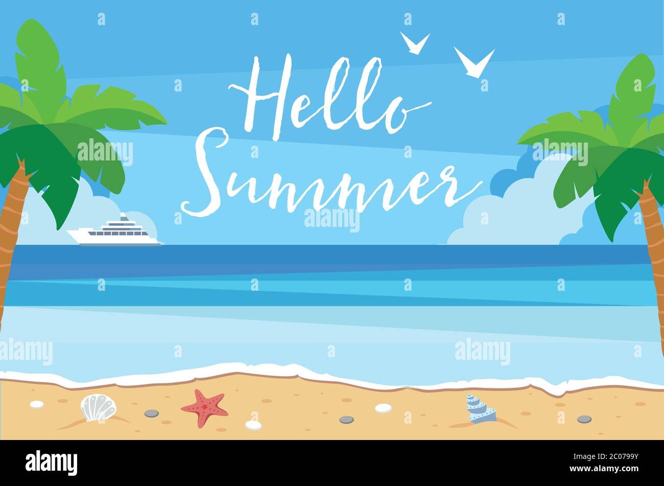 Hello summer background with beach view, sand, sea shells, sea star ...