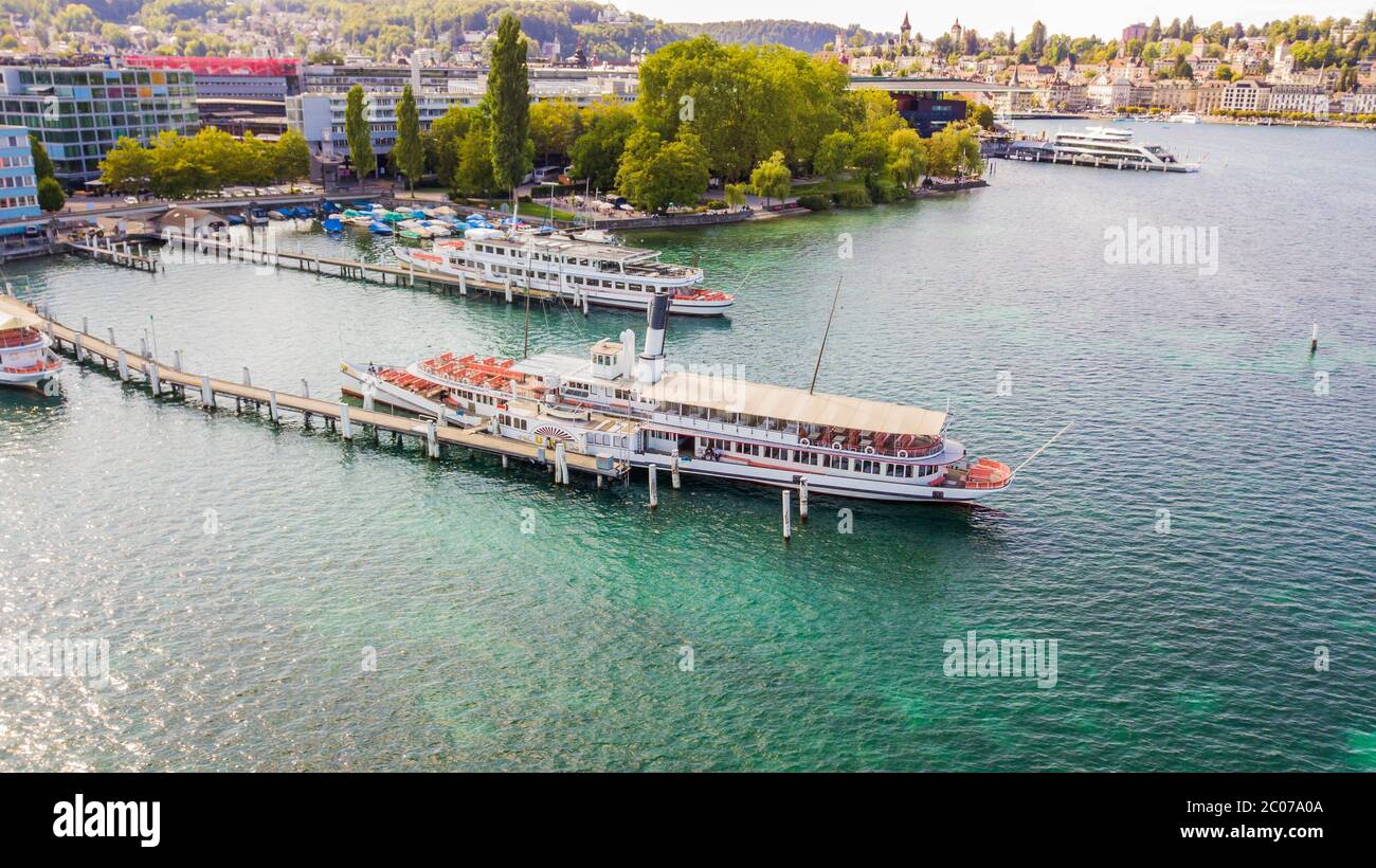 Aerial view of the boats on the Lake Lucerne - Switzerland Stock Photo ...