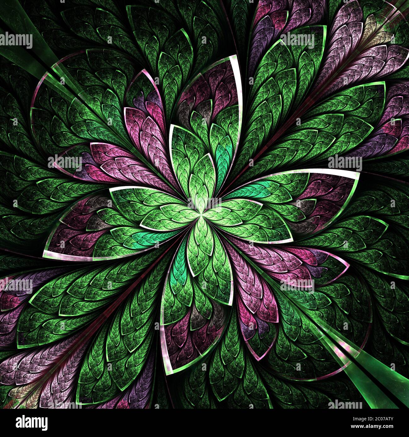 Symmetrical flower pattern in stained-glass window style. Green and ...