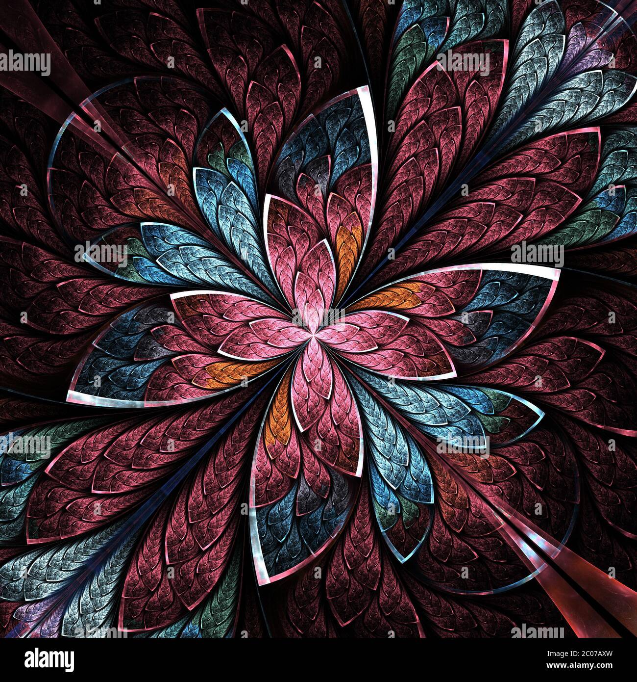 Symmetrical flower pattern in stained-glass window style. Blue and ...