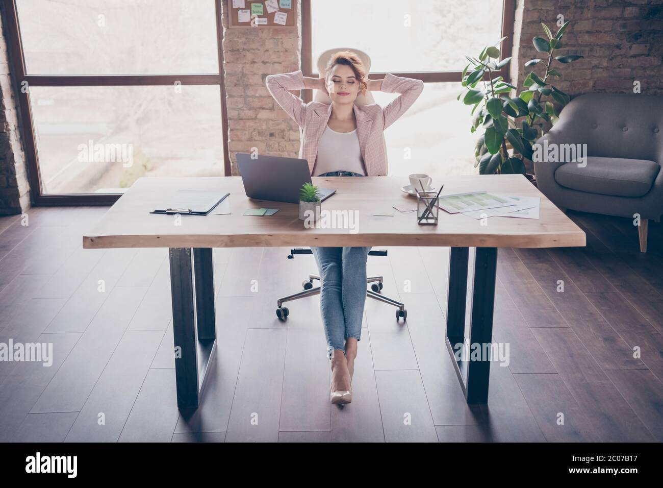 Portrait of nice attractive dreamy successful businesslady executive ...