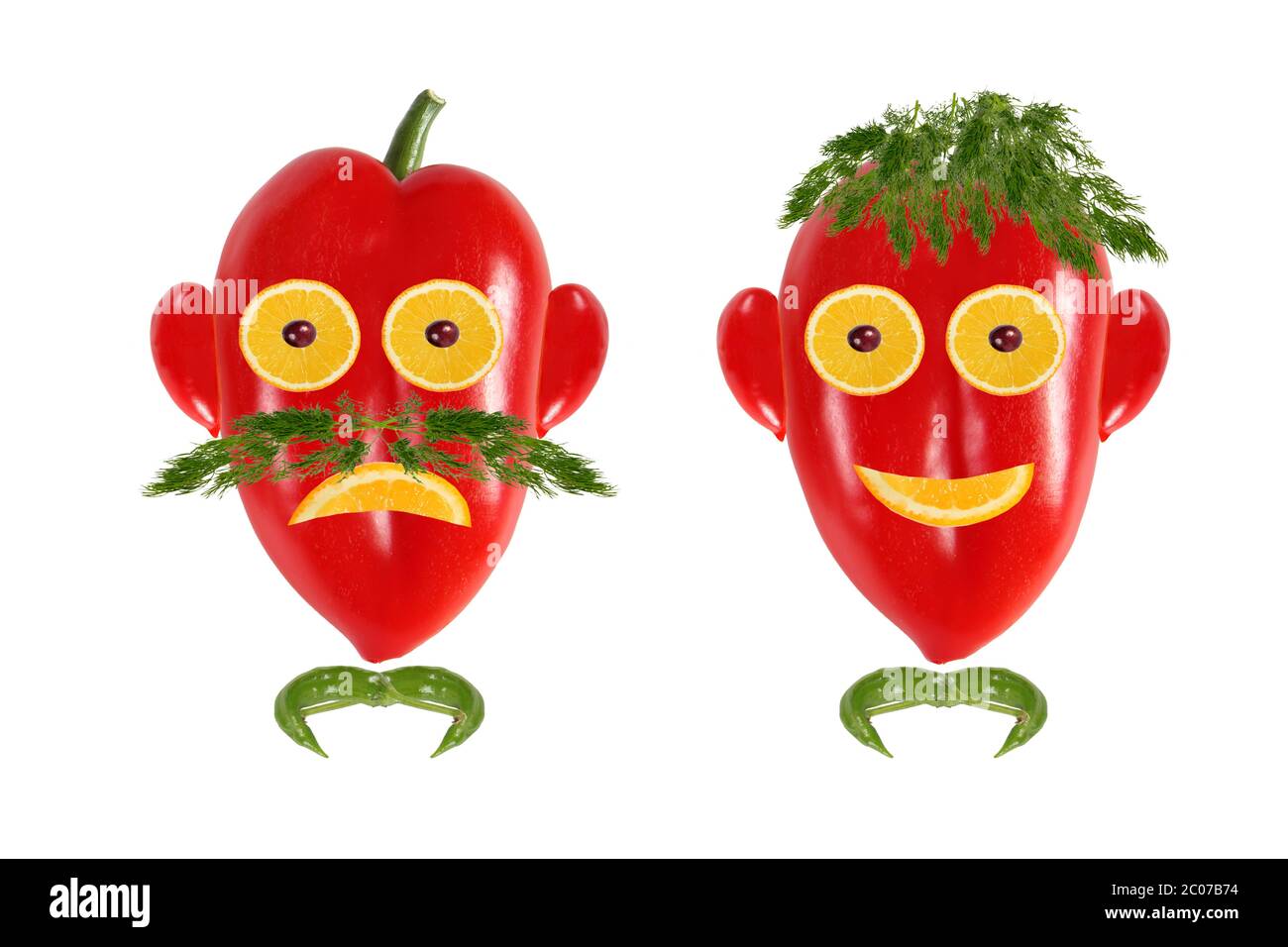 Healthy eating. Funny men's faces made of vegetables and fruits with ...
