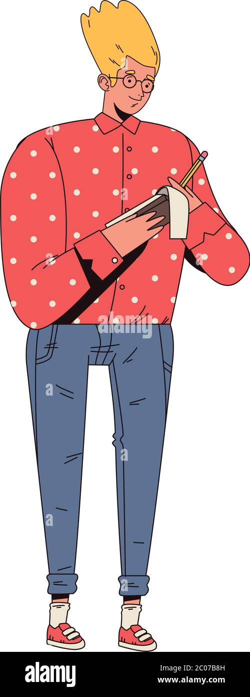 young man male writing with pencil avatar character vector illustration ...