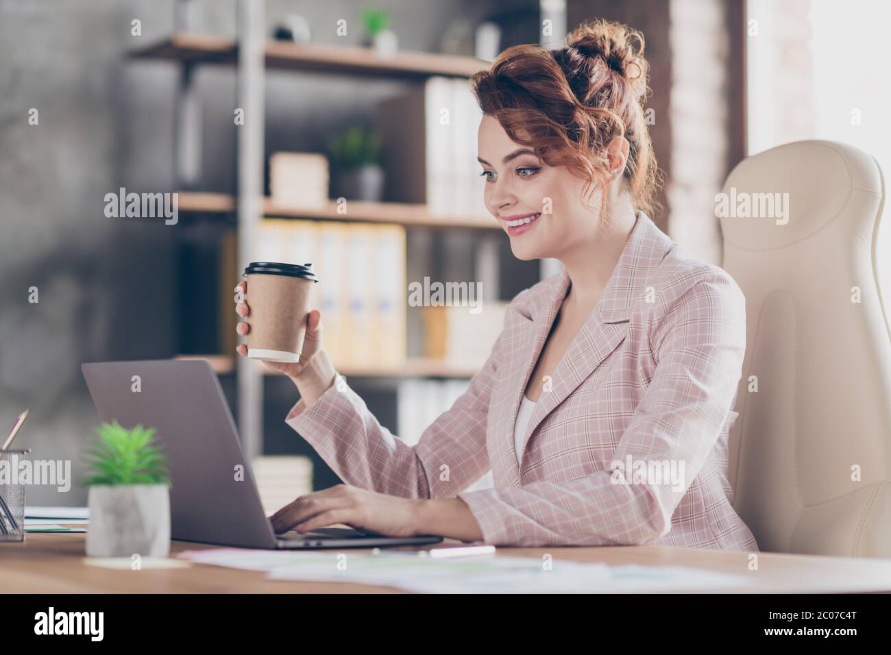 Close-up profile side view portrait of nice attractive elegant cheerful ...