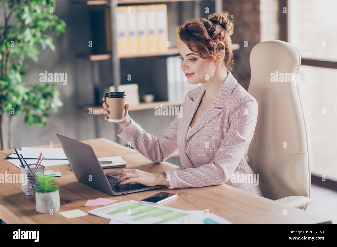 Profile side view portrait of her she nice attractive classy cheery ...