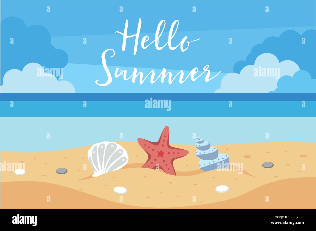 Hello summer background with beach view, sand, sea shells, sea star ...