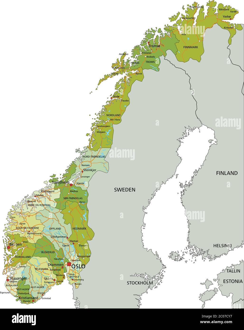 Highly detailed editable political map with separated layers. Norway ...