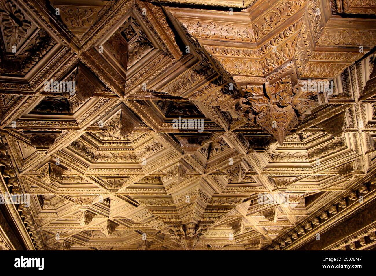 Wooden carved ceiling with upside down pyramid shapes in Cuenca ...
