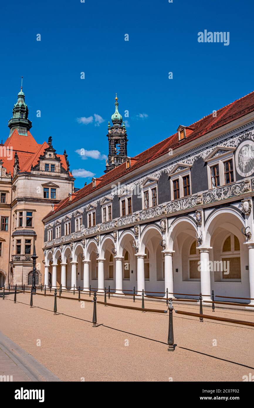 Historical center and colorful painted buildings in downtown of Dresden ...