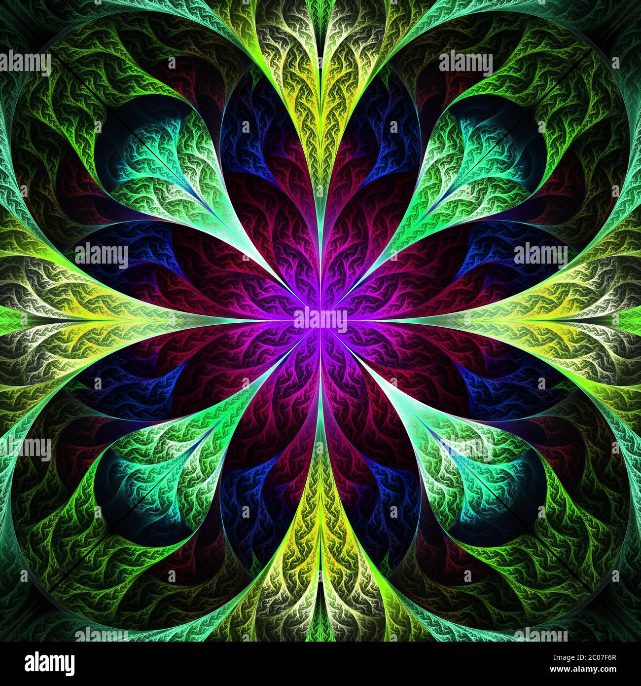 Beautiful fractal flower in black, blue and green. Computer generated ...