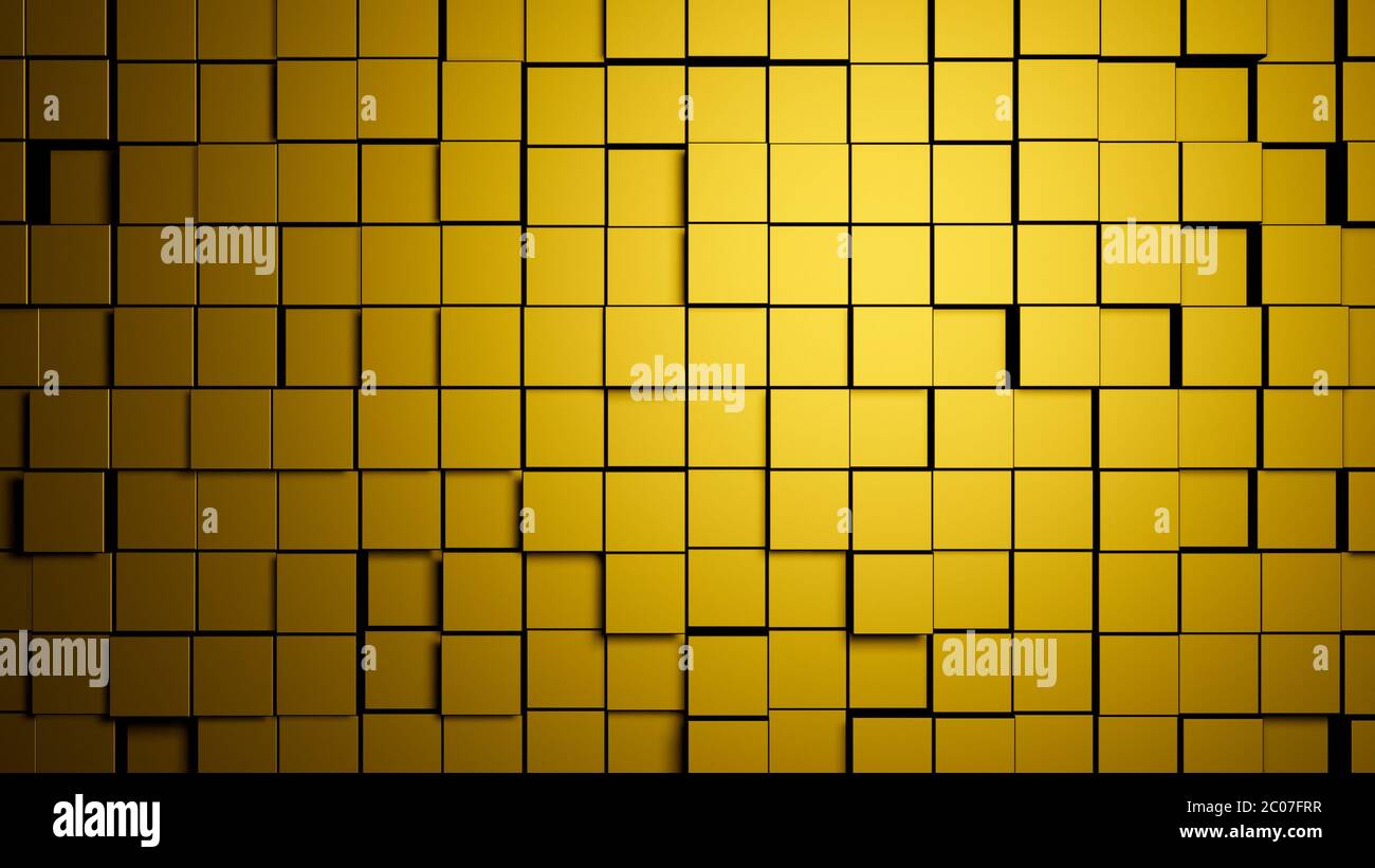 3D rendering of elevated shiny metallic yellow golden square tiles ...