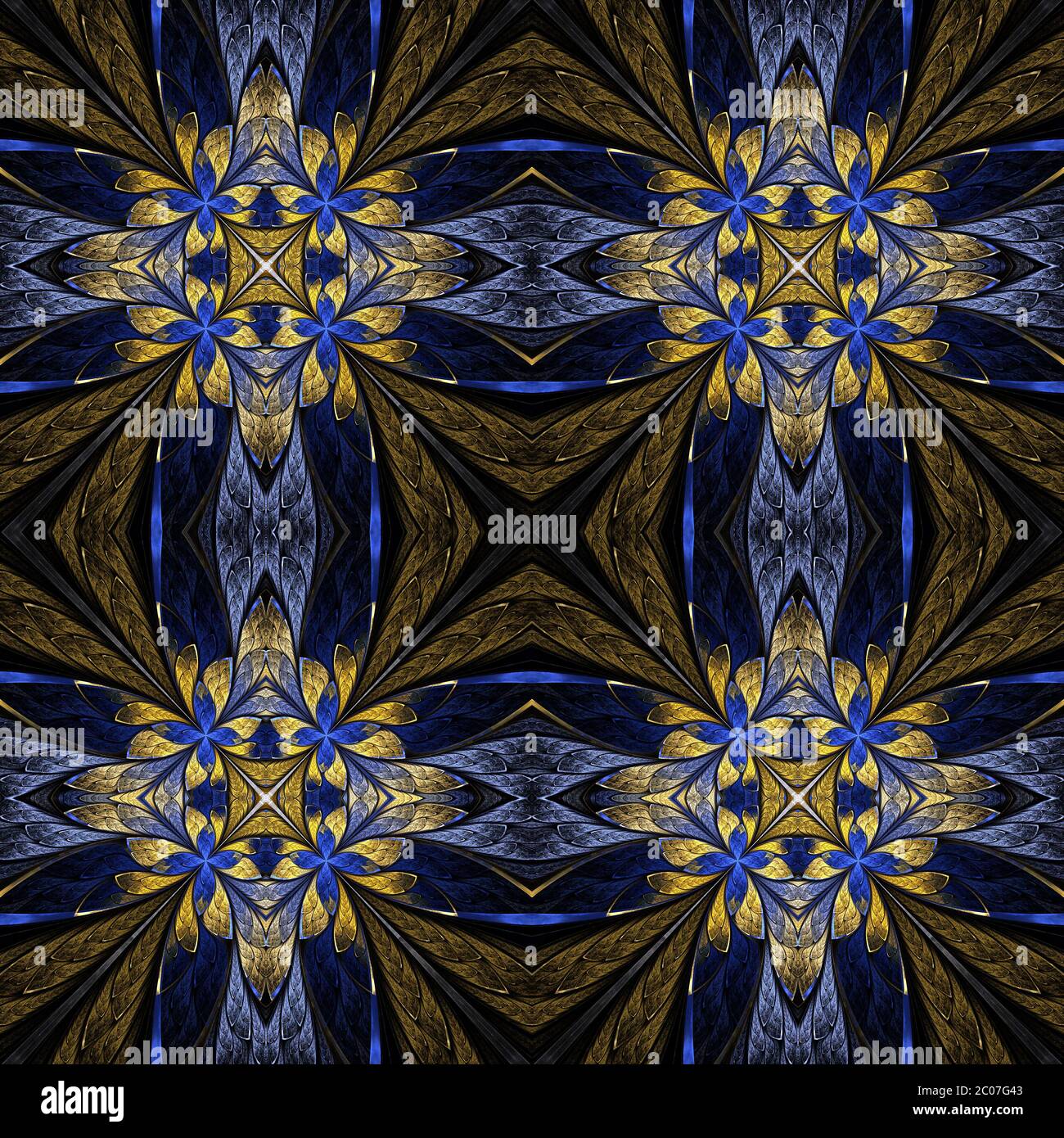 Symmetrical flower pattern in stained-glass window style on black ...