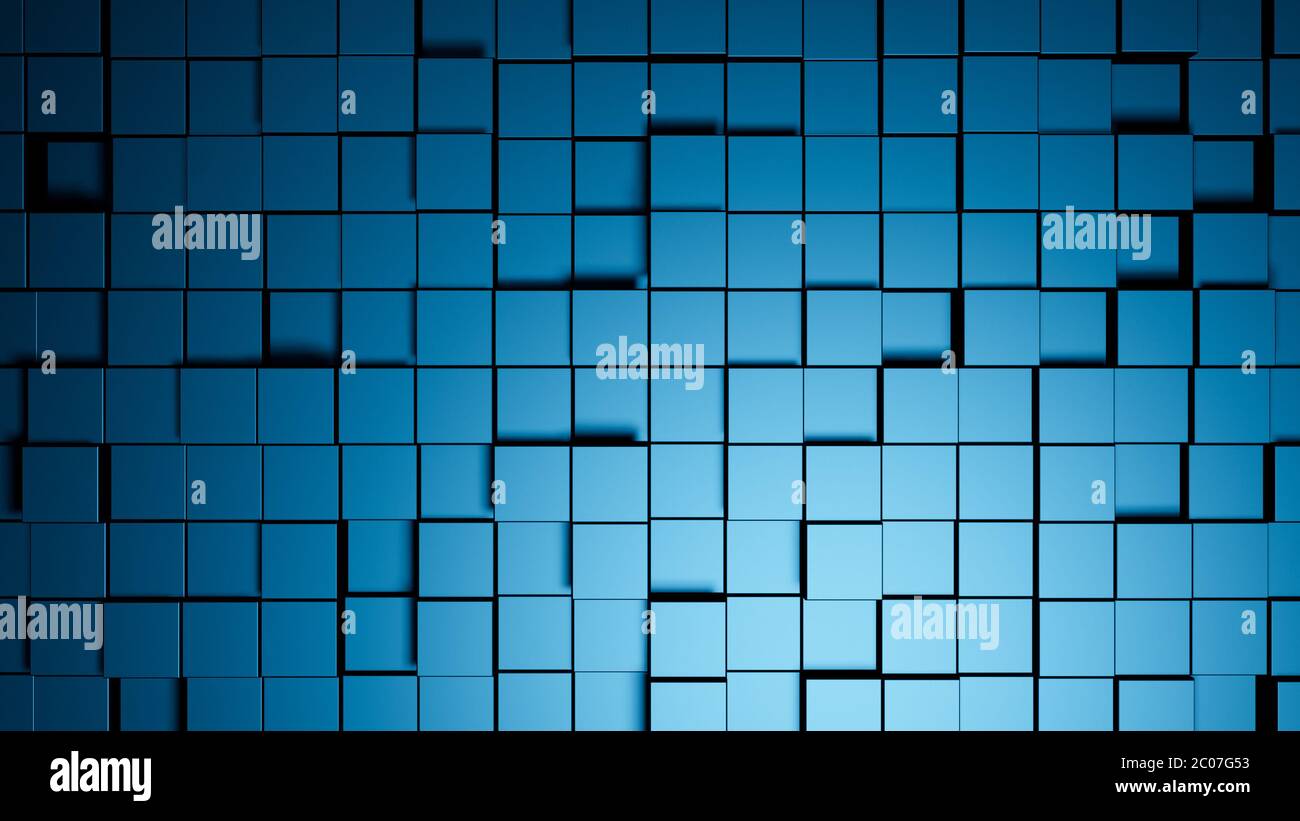 3D rendering of blue elevated shiny metallic square tiles, surface with solid color colour, flat ...